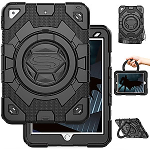 SEYMAC Case for iPad 9th/ 8th/ 7th Generation Case 10.2 Inch 2021/2020/2019, Full-body Shockproof Heavy Duty Protective Case with Screen Protector, Rotating Stand/Handle/Shoulder Strap, Black