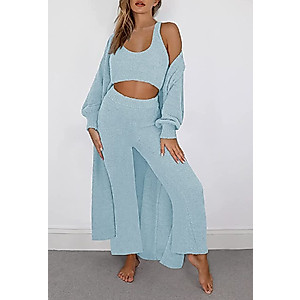 Fixmatti Women Lounge Set 3 Piece Fuzzy Fleece Crop Tops and Pants Open Front Cardigan Pajama Set Light Blue XL