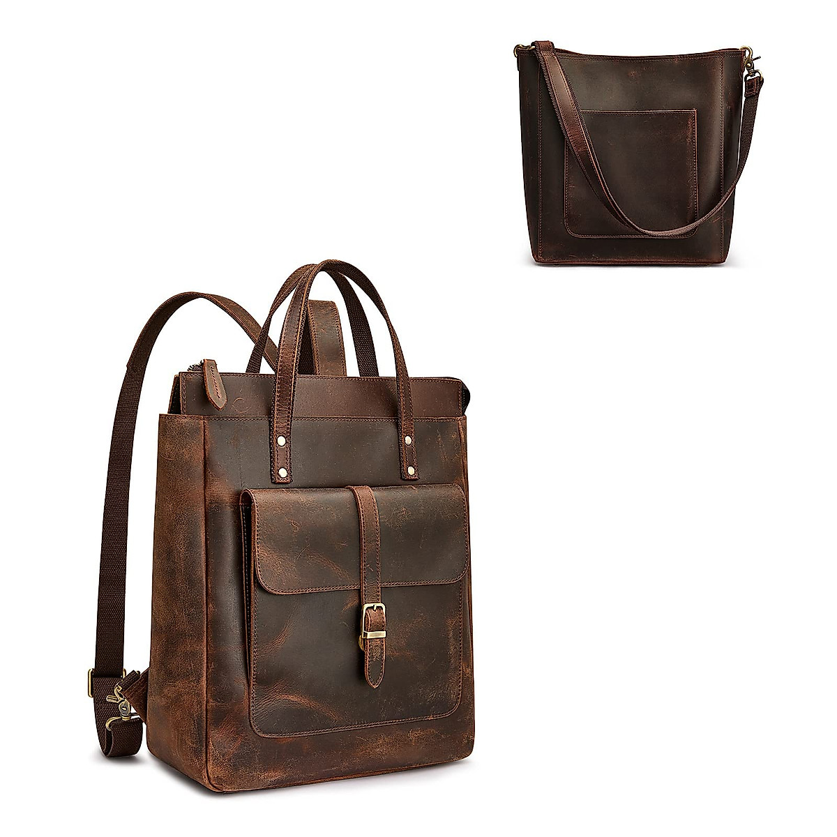 S-ZONE Women Genuine Leather Backpack Purse Bundle with Retro Bucket Tote Vintage Hobo Handbag Distressed Shoulder Bag