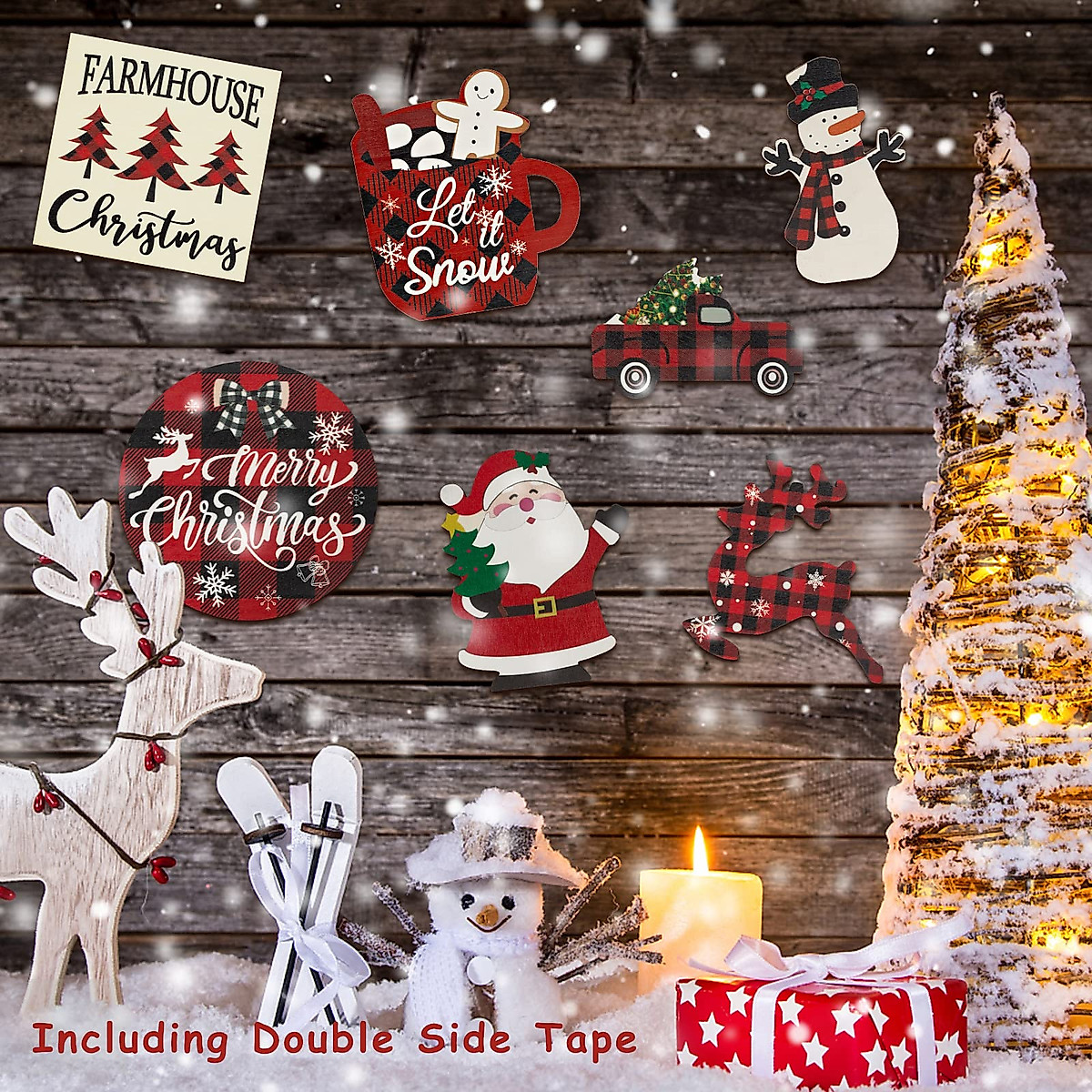 INHOTBY Christmas Decor-Farmhouse Rustic Country Winter Tiered Tray Christmas Decor Set,8Pcs Wooden Signs Gingerbread Buffalo Plaid Christmas Table Top Decorations Indoor Home Room(Tray Not Including)