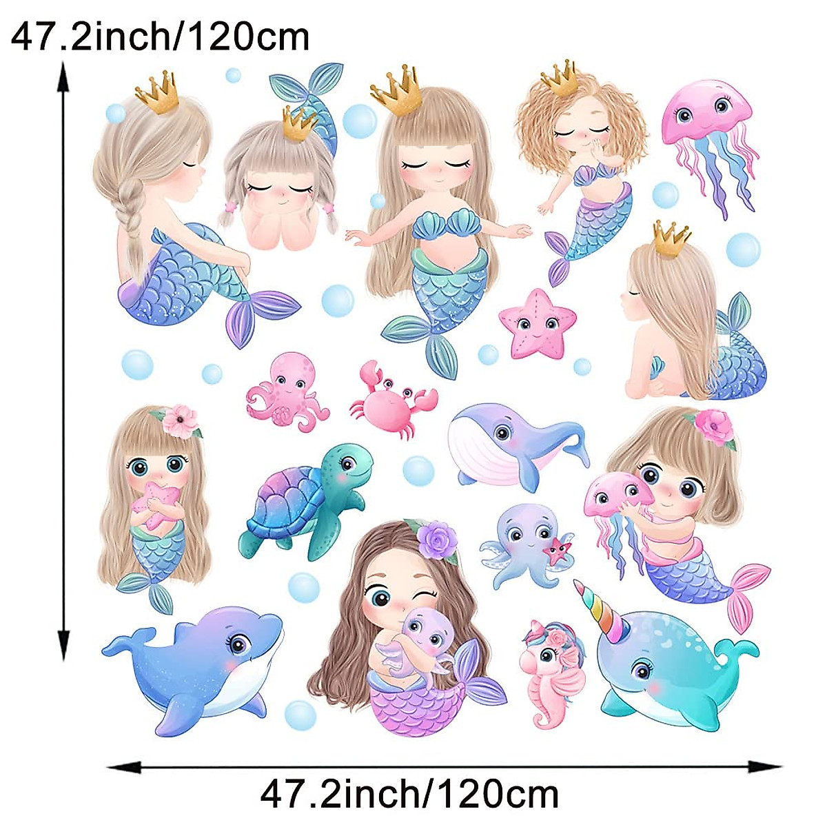 Pinenjoy Cute Mermaid Princess Wall Decal Cartoon Marine Life with Little Bubble Wall Stickers 42x42inch Removable Self-Adhesive Vinyl Wall Clings for Children's Bedroom Nursery Door Decorarion