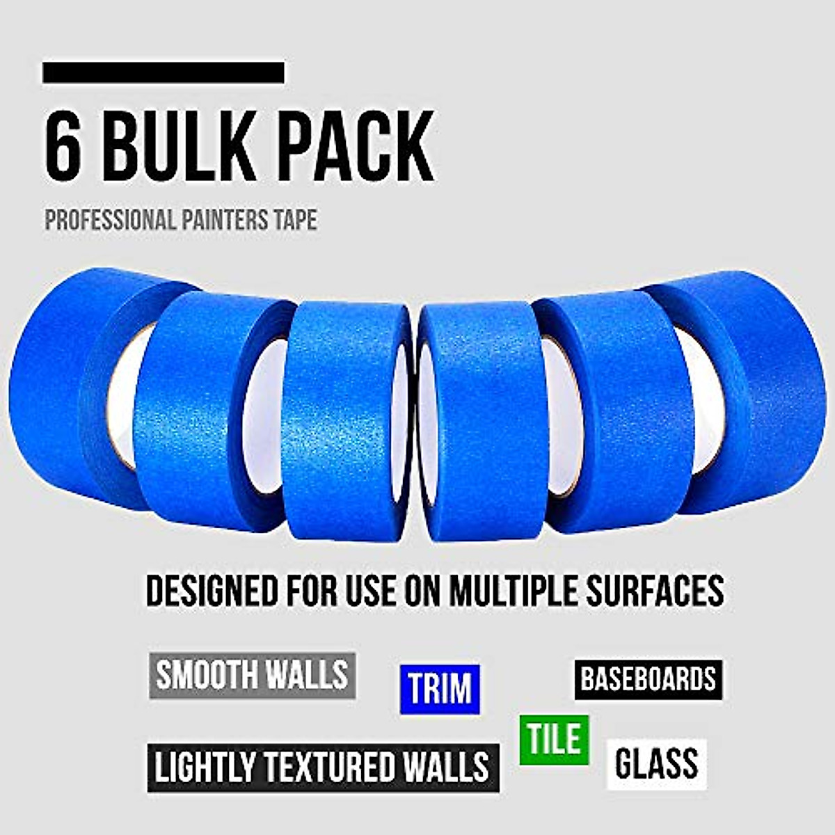 Lichamp 6-Piece Blue Painters Tape 2 inches Wide, Blue Masking Tape Painter's Bulk Multi Pack, 1.95 inch x 55 Yards x 6 Rolls (330 Total Yards)