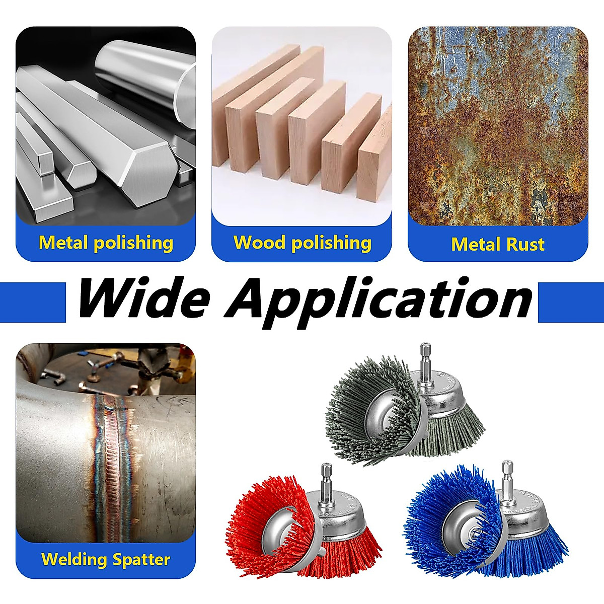 SALI 6Pack 3 Inch Cup Brush Nylon Filament Abrasive Wire Brush Wheel with 1/4 Inch Hex Shank, Three Grits Nylon Drill Brush Set for Removal of Rust Corrosion Paint