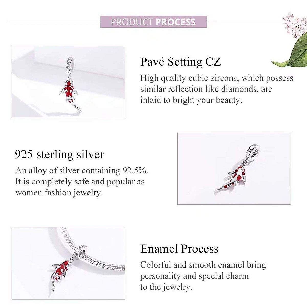 ToHa 925 Sterling Silver Carp Bead Charms,Good Luck Charms Cubic Zirconia Fish Animal Charm Koi Beaded Pendant for European Bracelet & Necklace,DIY Jewelry for Women