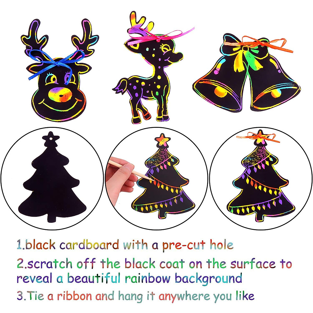 DIYASY Christmas Scratch Art Paper,48 Pcs Crafts Kits Magic Rainbow Scratch Cards for Xmas Tree Ornaments and Kids Birthday Decoration