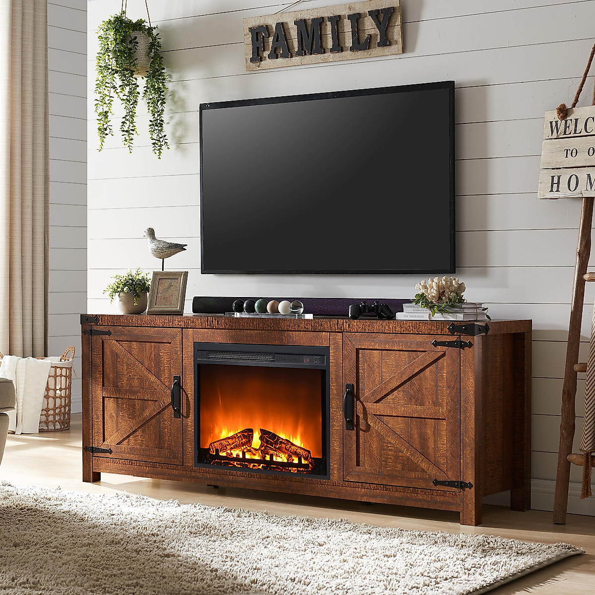 OKD Farmhouse Fireplace TV Stand for 70 75 Inch TV, Rustic Entertainment Center w/ 23" Electric Fireplace, Barn Door, Adjustable Shelves, Wood Media Console Cabinet for Living Room, Reclaimed Barnwood