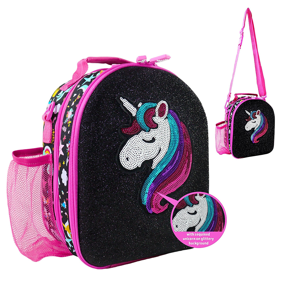 Decorably Insulated Hard Top Sequined Glittery Unicorn Girls Lunch Boxes for School, Easy-to-Clean Kids Lunch Bag with 2 Main Compartments and Water Bottle Holder