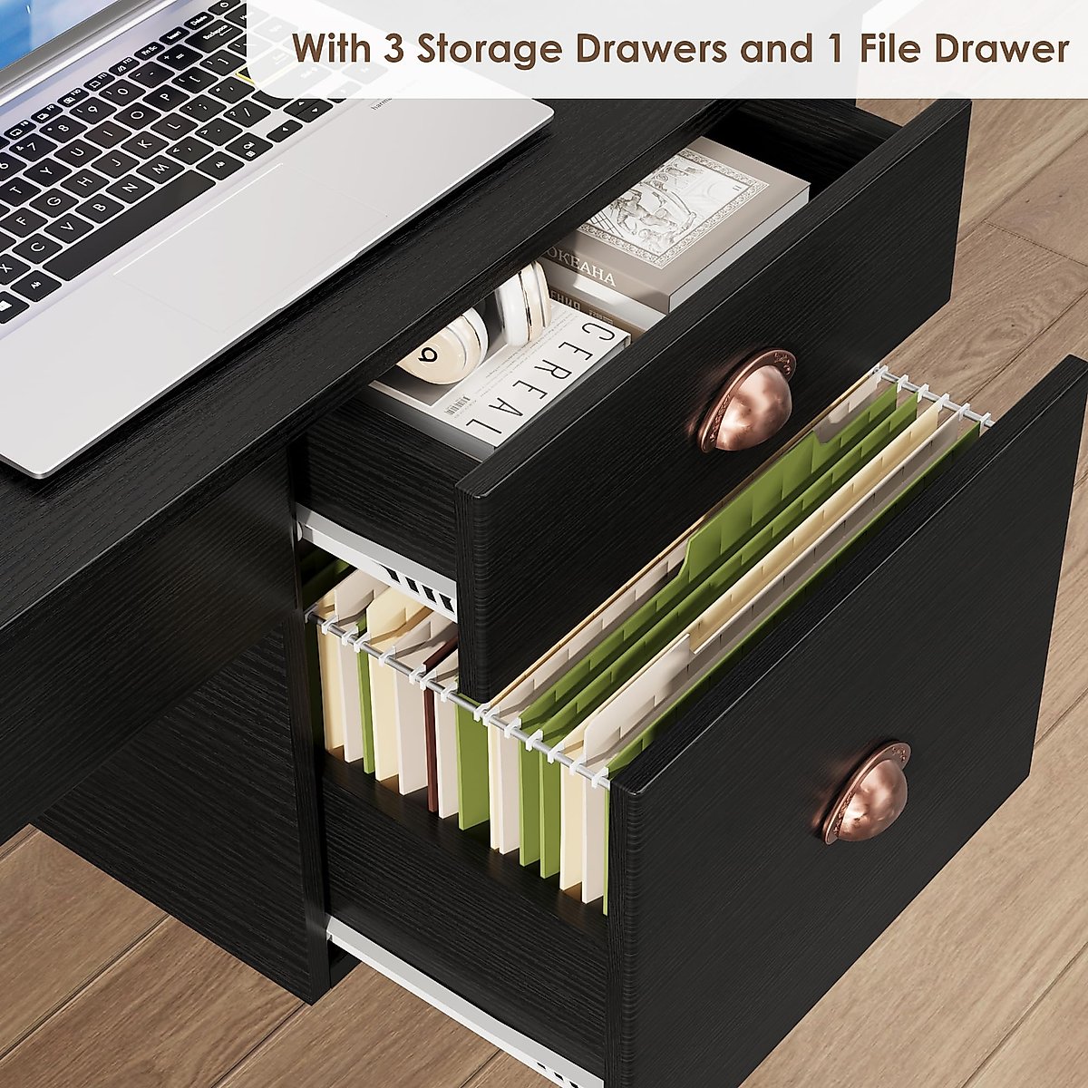 TTVIEW Computer Desk with Storage Drawers & USB Charging Port, Home Office Executive Desk with Hutch Shelf and File Drawer, Writing Study Table with 47" Wide Tabletop for Small Spaces, Black