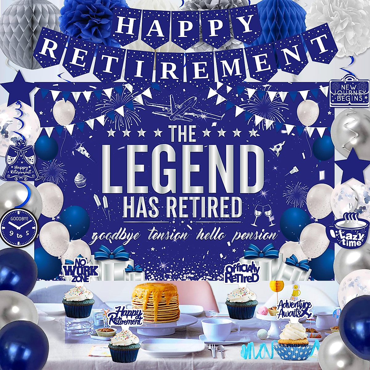 Retirement Party Decorations Blue Silver Happy Retirement Decorations for Men Women, Happy Retirement Banner, Retired Backdrop, Balloons, Pompoms, Hanging Swirl, Retirement Card, Cake Topper Set 54pcs