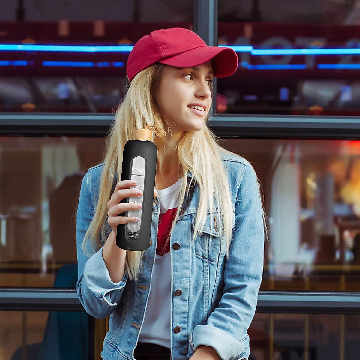 Sursip 32oz Motivational Glass Water Bottle with Time Marker, Silicone Sleeve, and Bamboo Lid - 1 Liter Reusable Drinking Bottle with Ice Cube Tray, Leak-Proof Design