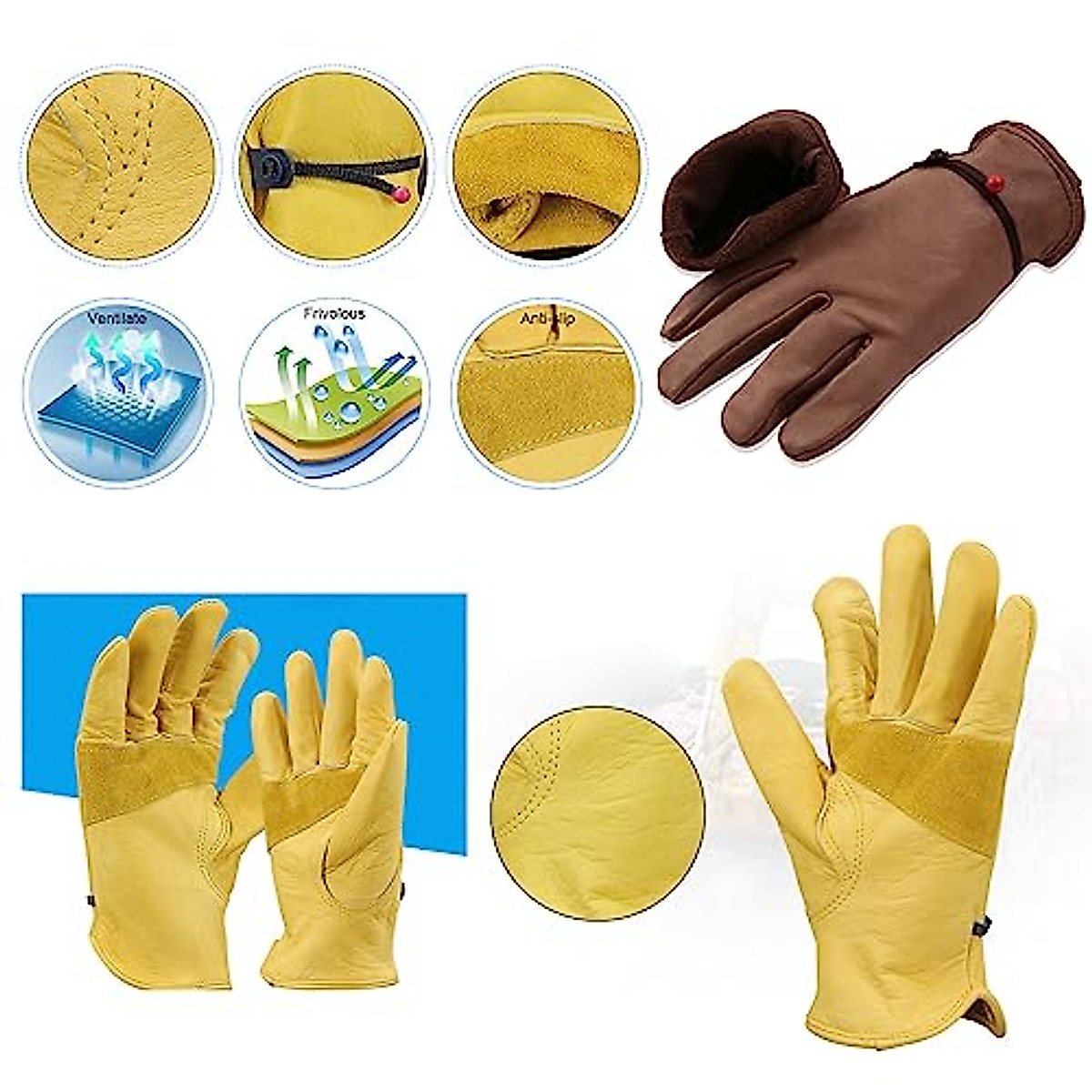 SquEqu 2 Pairs Gardening Gloves Cowhide Leather Work Gloves Tough Working Glove for Men Women Weeding Digging Planting Welding Worker Safety Protection Sports Driver (M)