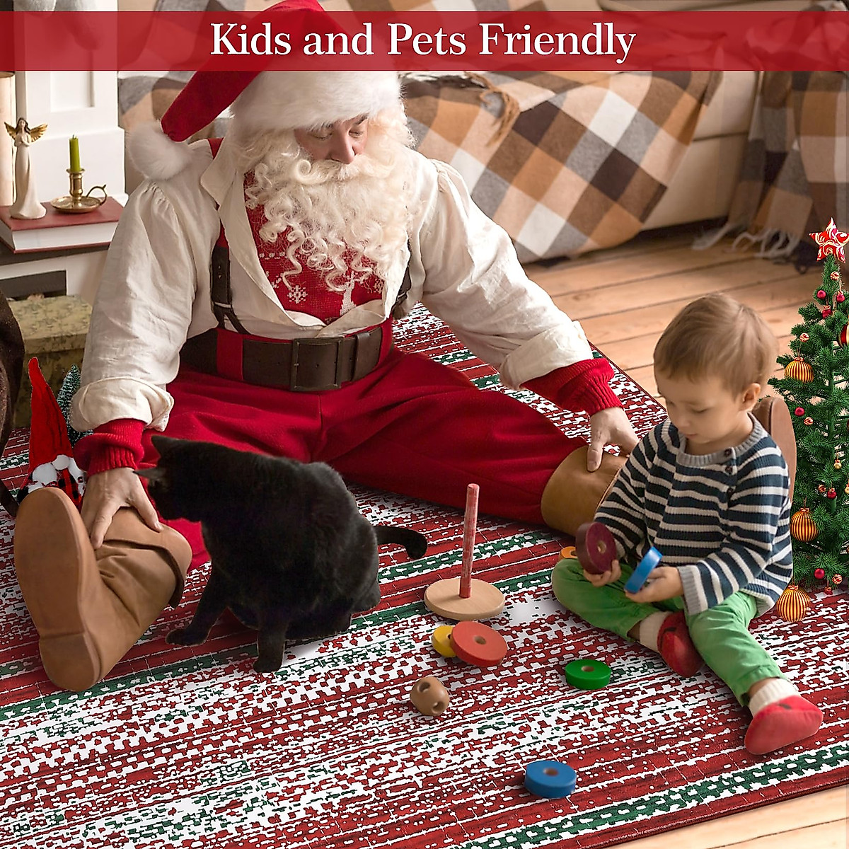 CAREMEE Christmas Rug 4x6 Machine Washable Bedroom Rug Holiday Decor Non Slip Throw Rug Soft Carpet Stain Resistant Accent Rug for Home Decor, Red