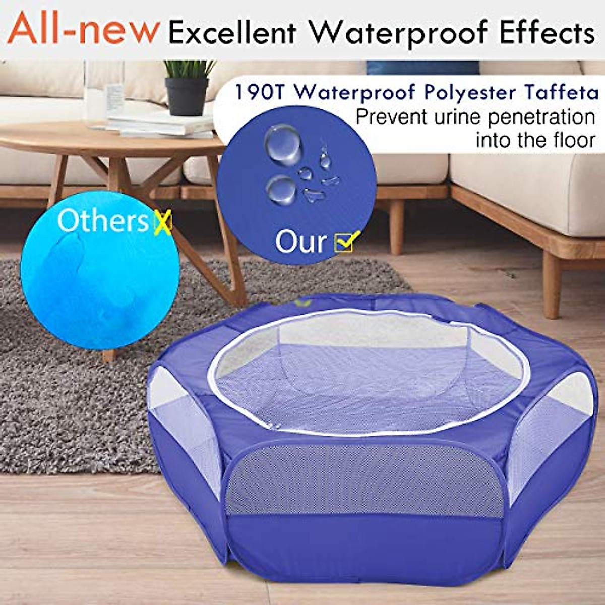 Pawaboo Small Animals Playpen, Waterproof Small Pet Cage Tent with Zippered Cover, Portable Outdoor Yard Fence with 3 Metal Rod for Kitten/Puppy/Guinea Pig/Rabbits/Hamster/Chinchillas, Indigo