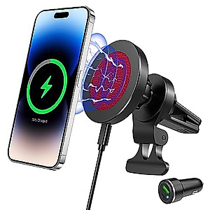 Magnetic Wireless Car Charger, Design for MagSafe Car Mount Charger, Strong Magnetic 15W Fast Charging Car Charger Phone Holder with USB Car Charger for MagSafe iPhone 14/13/12 Series (Red)