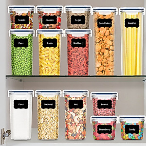 Airtight Food Storage Containers with Lids, 14 PCS Plastic Cereal Kitchen Stackable Food Storage Buckets Food Canisters for Kitchen Pantry Organization Snacks and Sugar Include 24 Labels, Black