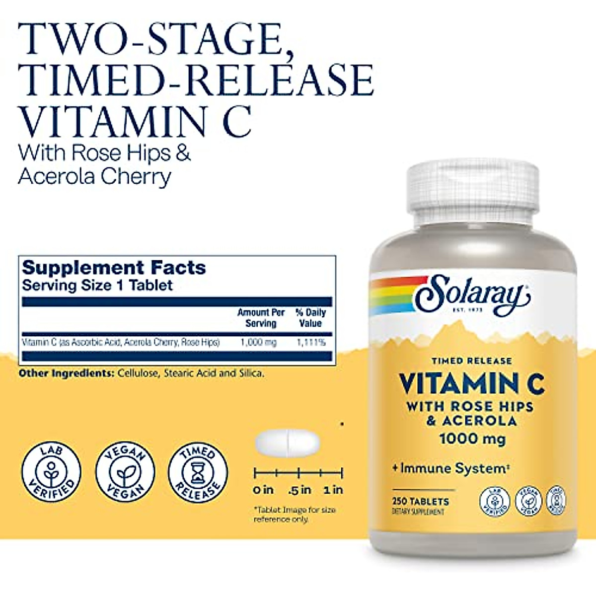 SOLARAY Vitamin C 500mg w/ Rose Hips, Acerola & Bioflavonoids, Timed-Release, Healthy Immune System Support, 250 VegCaps