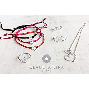 Claudia Lira Joyas Red Womens Friendship Bracelet, Small Handmade Sterling Silver 925 Open Heart Shaped Charm, Pull Adjustable Kindred Cord Thread. Handmade Heart Gift Set