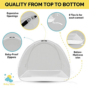 Small Size Crib Safety Canopy Net or Tent Pop Up Mesh Cover Stops Climbing Stuck Limbs See Through Netting for Baby & Toddler Bed with Ties Zippers Bags by Baby Movs 47x26x52 in White