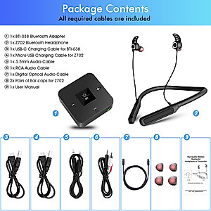 Golvery Bluetooth Headphones Transmitter for TV Watching, Neckband Wireless Stereo Earphones Earbuds Set w/Transmitter Adapter for Optical Digital RCA 3.5mm Aux TVs, Plug n Play No Audio Delay