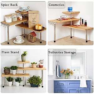 HOMBOUR Corner Shelf Kitchen Countertop Organizer, 3 Tier Bamboo Spice Rack Over Sink Storage with Hooks, Display Shelves Desktop Space Saver for Kitchen, Bathroom, Living Room, Office