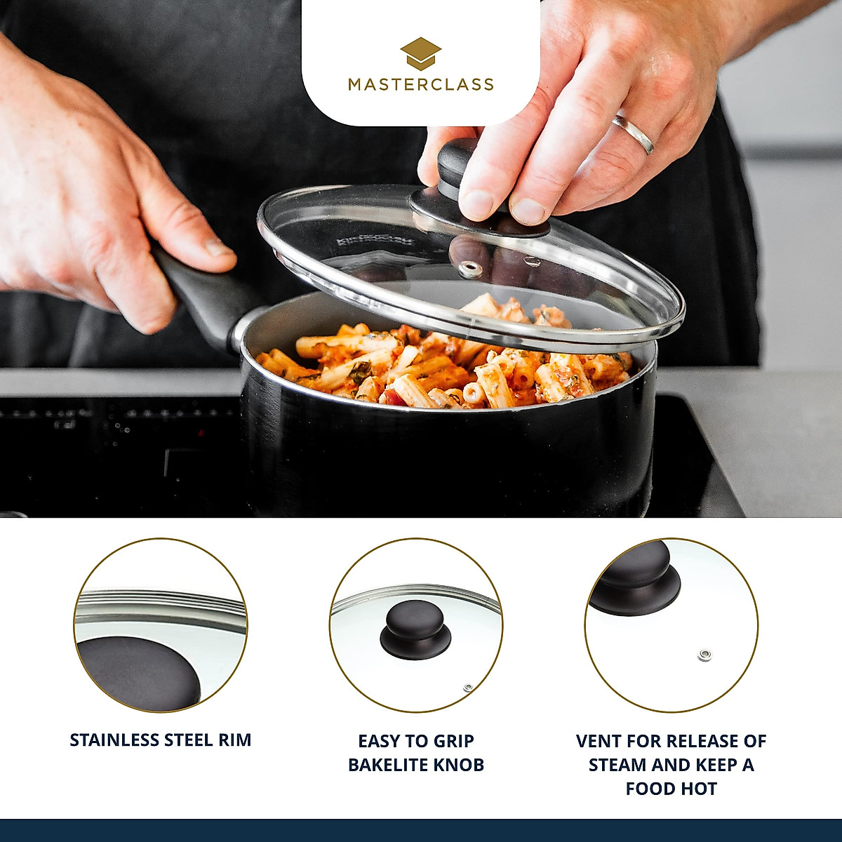 KitchenCraft MCGLLID20 MasterClass Glass Saucepan Lid Designed to Fit All 20 cm Saucepans and Frying Pans, 20 cm (8 Inch)