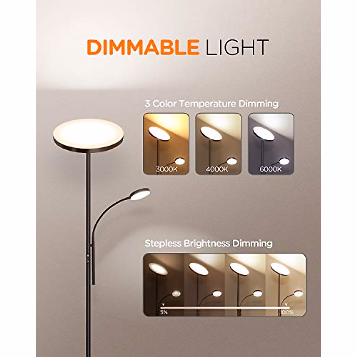 tomons Dimmable Floor Lamp, Bright Tall Mother-Daughter Light Torchiere Sky LED Torchiere with Remote Controller, Stepless Dimming, 3 Color Temperatures, Modern Industrial Living Room, Bedroom - Black