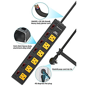 Power Strip with Individual Switches and Flat Plug, CRST 6-Outlet Metal Heavy Duty Surge Protector (1200 Joules), 6-Feet 14AWG Cord with Hook and Loop Fastener, 15A Circuit Breaker