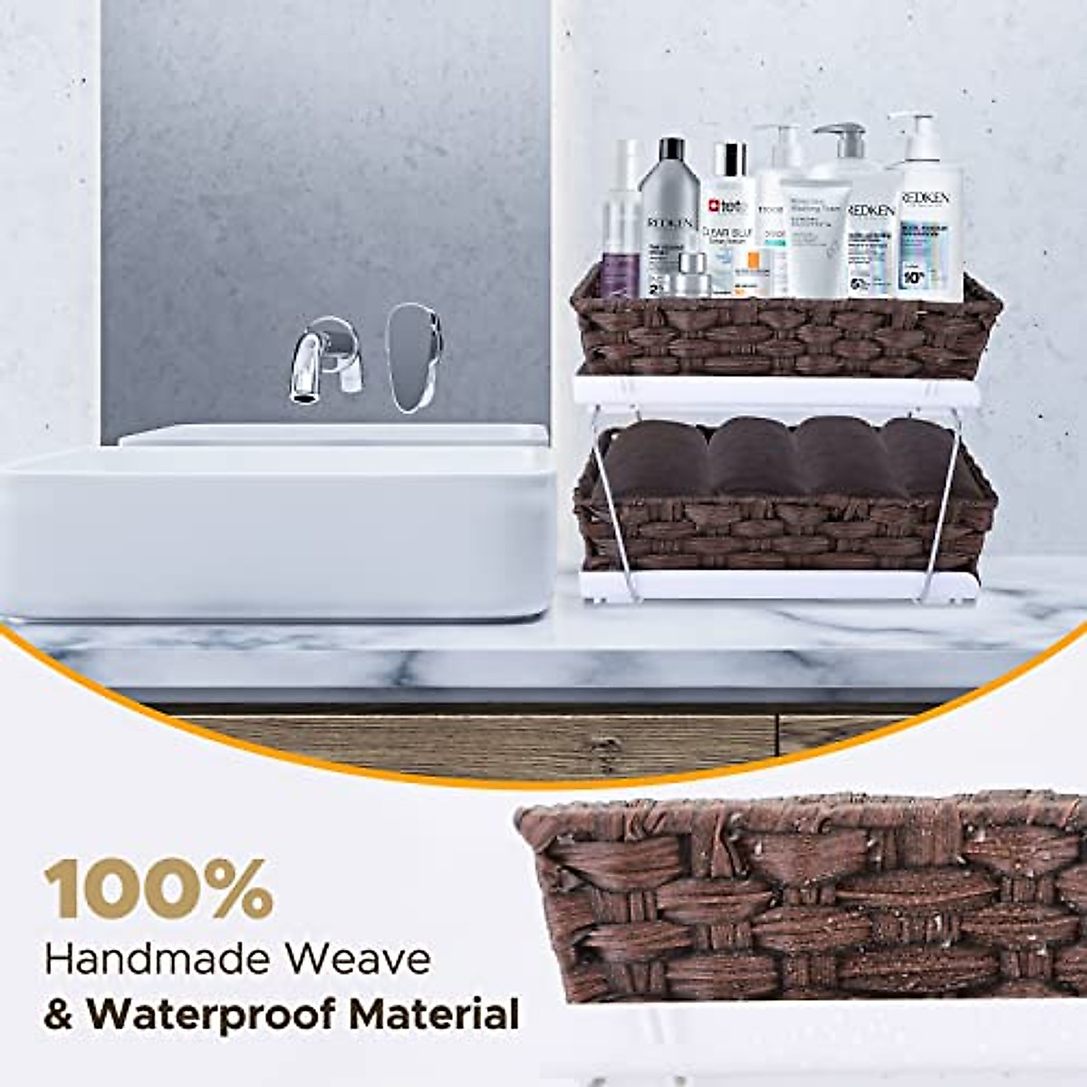 TCJJ 2-Tier Brown Storage Baskets for Organizing, Under Bathroom/Kitchen Sink Organizers and Storage, 2 Woven Sliding Baskets for Bathroom Kitchen Pantry Medicine Cabinet Counter