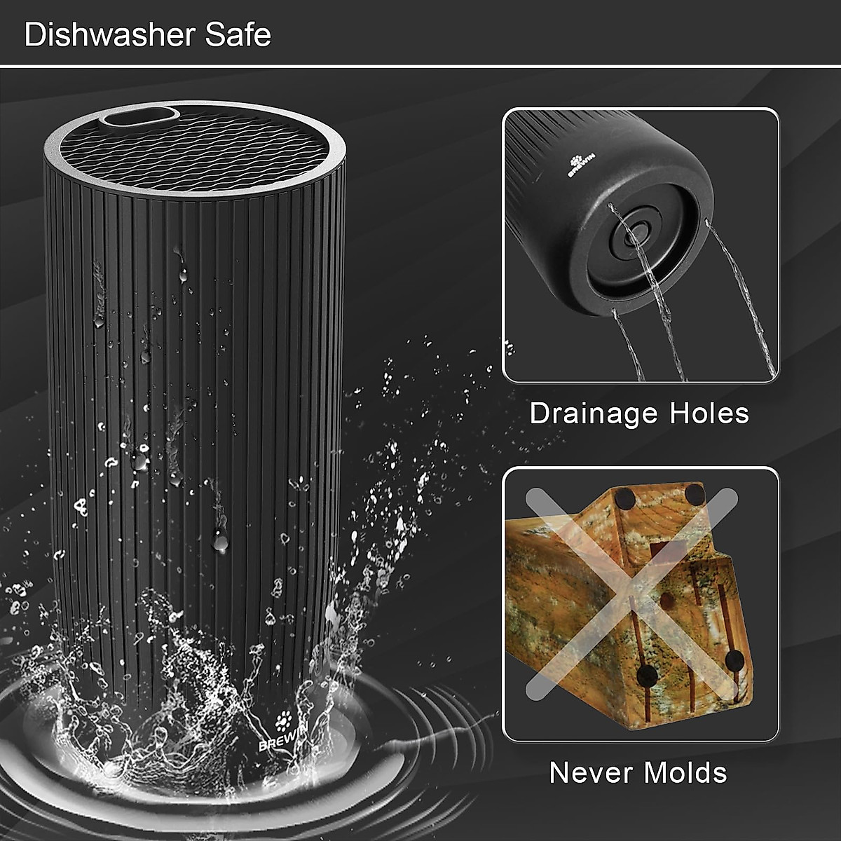 Knife Set, Brewin Kitchen Knife Set, Knives Set for Kitchen, Universal Knife Block, Utility Knife Block Set, Kitchen Essentials, New Home Essentials, Apartment Essentials, Dishwasher Safe, All Black