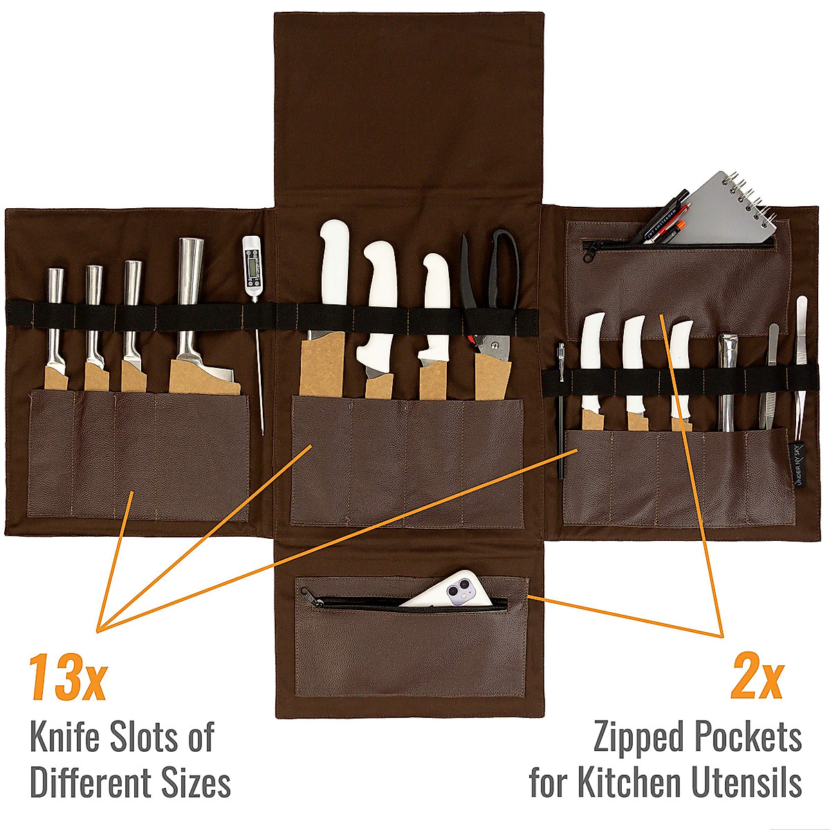 Under NY Sky Knife Bag - Brown Real Leather - 13 Knife Slots, 2 Zipped Pockets for Kitchen Utensils, Large Pocket for Tablets & Notebooks - Expandable - Tool Storage Bag Style for Chefs, Cooks, BBQ