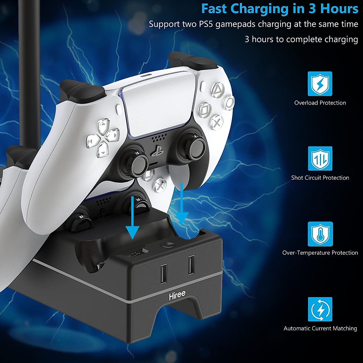 PS5 Controller Charger with USB Charging Ports and AC Outlets, RGB DualSense Charging Station Dock for Dual Ps 5 Controller with Headset Holder