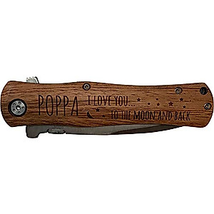 Poppa - I Love You to The Moon and Back Stainless Steel Folding Pocket Knife with Clip, Wood