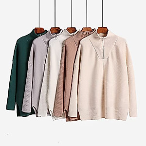ANRABESS Womens 2023 Fall Oversized Zip Sweaters Long Sleeve V Neck Collar Casual Loose Baggy Ribbed Knit Pullover Quarter Zip Tunic Sweater with Slit B770kaqilv-L Dark Green