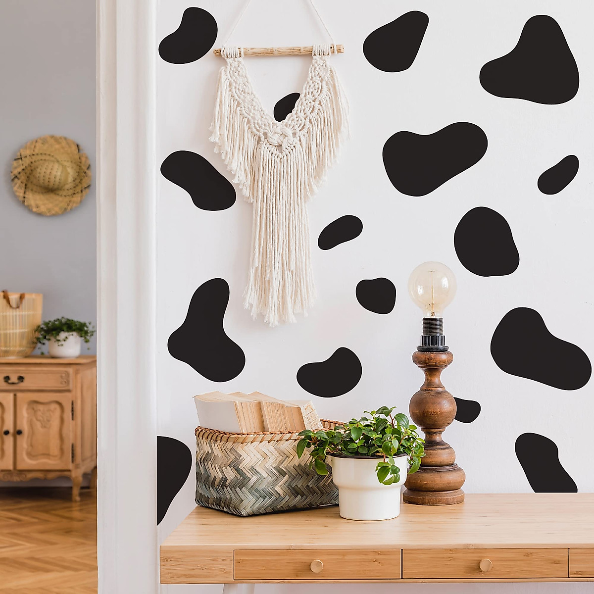 SHYJSHYJ Large Black Vinyl Cow Print Wall Decals, Peel and Stick Modern Cow Spot Wall Stickers for Bathroom Bedroom Living Room Home Wall Decor
