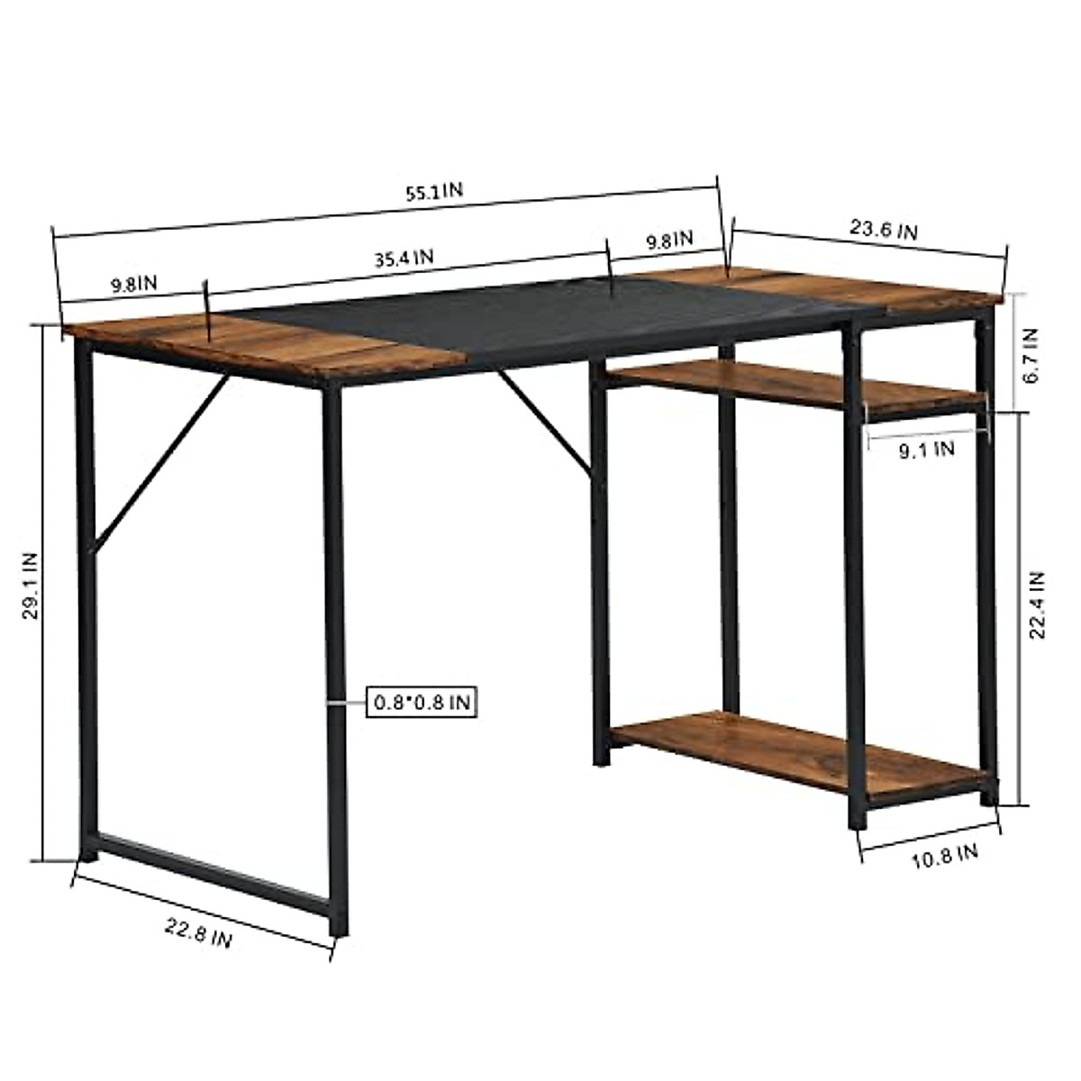 FurnitureR 55 inch Study Writing Table with Storage Shelves Space Saving for Home Office, Modern Style PC Metal Frame Computer Desk, Black&Brown