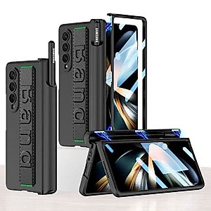 Case for Samsung Galaxy Z Fold 3 5G with S Pen Slot, Screen Protector Shockproof Anti-Scratch Magnetic Hinge Protection Cover Wristband Case for Samsung Galaxy Z Fold 3 5G(Black)