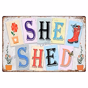 She Shed Metal Sign for Home Decor, Vintage Rusting Wall Art with Holes, Weather-Proof Metal Tin Sign for Woman Cave Home Front Door Garden Kitchen Bedroom - 12 x 8 inches - 4 Holes - Color2
