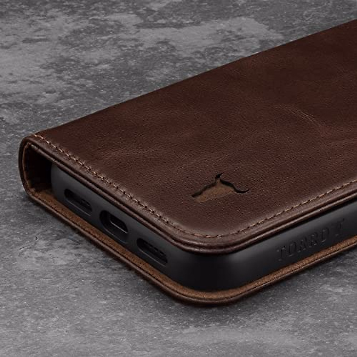TORRO Leather Case Compatible with iPhone 12 / iPhone 12 Pro – Genuine Leather Wallet Case/Cover with Card Holder and Stand Function (Dark Brown)