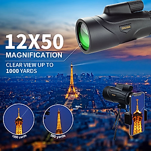 zukakii 12x50 Monocular Telescope, 2021 Mini Waterproof Telescope for Adult with Smartphone Holder & Tripod, BAK4 Prism FMC Lens for Bright Large View Bird Watching Hunting Hiking Camping Travel