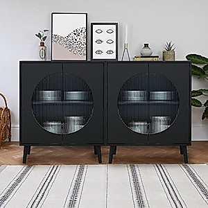 QHITTY Glass Sideboard Buffet Cabinet, Simple Accent Kitchen Storage Cabinet Modern Console Table TV Stand with Adjustable Shelves for Living Room, Dining Room, Bedroom (Black)