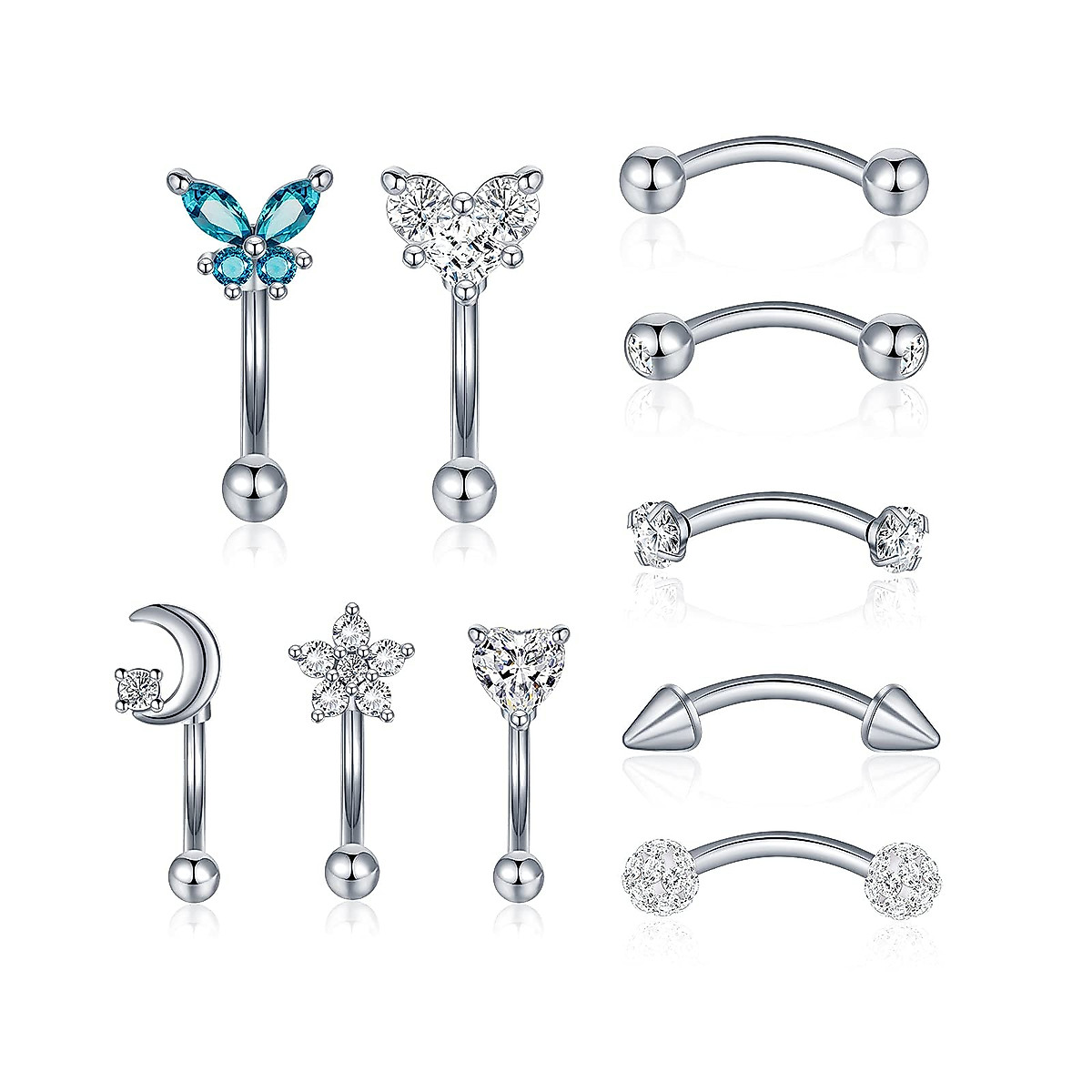 EVISPOL 10Pcs 16G Rook Piercing Jewelry for Women Men, Eyebrow Rings Curved Barbell 316L Stainless Steel Belly Lip Rings CZ Daith Cartilage Earrings Tragus Helix Piercing Jewelry-6MM-Silver