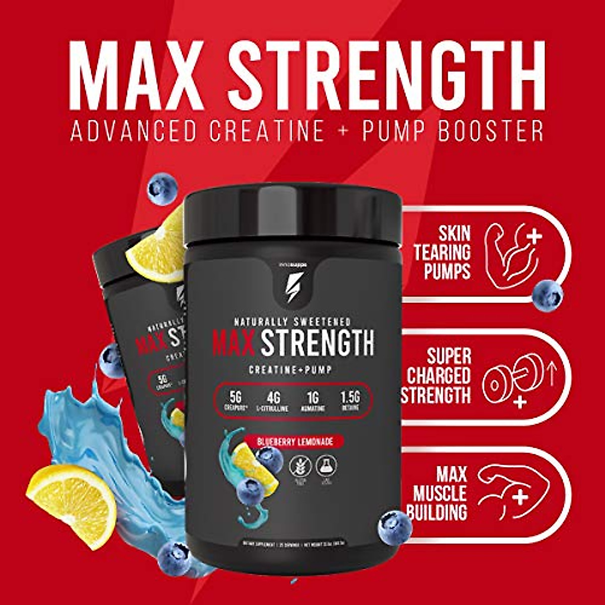 InnoSupps Max Strength - Advanced Creatine + Pump Booster, Creapure 5g, HMB 500mg, L-Citruline 4g, No Artificial Sweeteners, Keto Friendly, Vegan, Non-GMO, Gluten Free, Soy Free (Blueberry Lemonade)