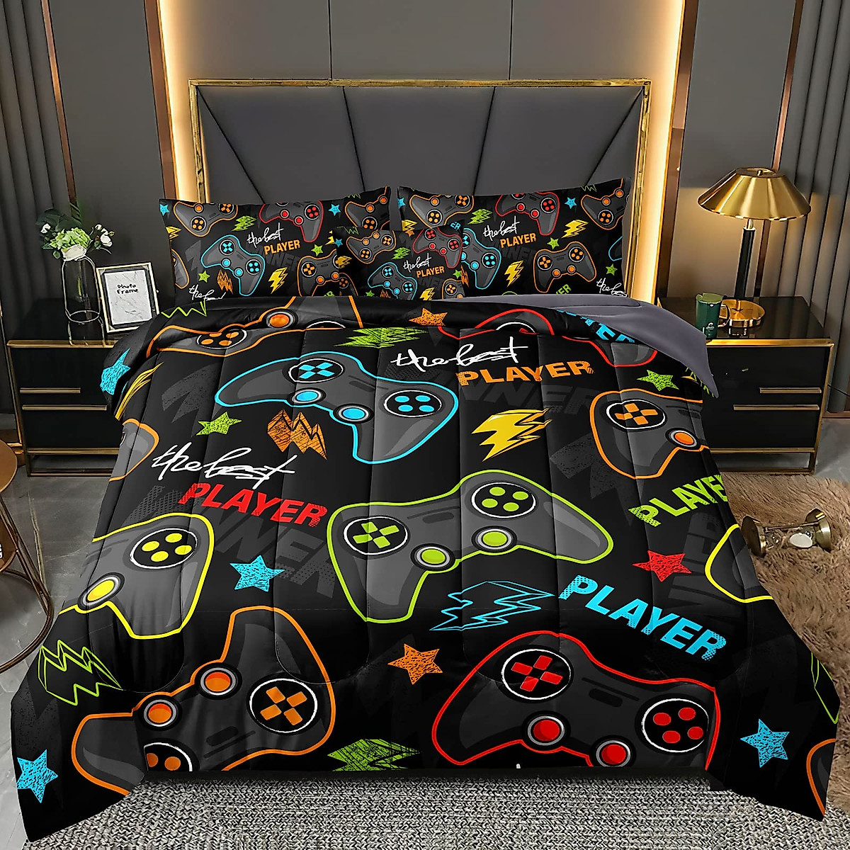 BDUCOK 6 Pieces Gamer Comforter Set for Boys Gaming Bedding Set Full Size,Video Game Controller Comforter for Boys Kids Adult 3D Gamepad Microfiber Bedding Sets 6 Pieces Bed in A Bag Sets3011,Full