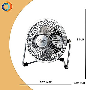 Comfort Zone Mini Portable Desk Fan with 360-Degree Adjustable Tilt, Dual Powered (USB or Power Cord), 4 inch, All-Metal Construction, Airflow 3.31 ft/sec, Ideal for Home, Bedroom & Office, CZHV4S