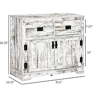 HOMCOM Industrial Sideboard Buffet Cabinet with 2 Drawers Kitchen Storage Cabinet Coffee Bar Cabinet with Double Door Cupboard for Kitchen, Living Room, Distressed White