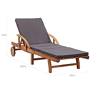 Folding Sun Lounger with Gray Cushion | Foldable Chaise Lounge with Wheels | Adjustable Outside Patio Sunlounger | Outdoor Wooden Garden Lounge Chair | Weather Resistant Brown Solid Acacia Wood