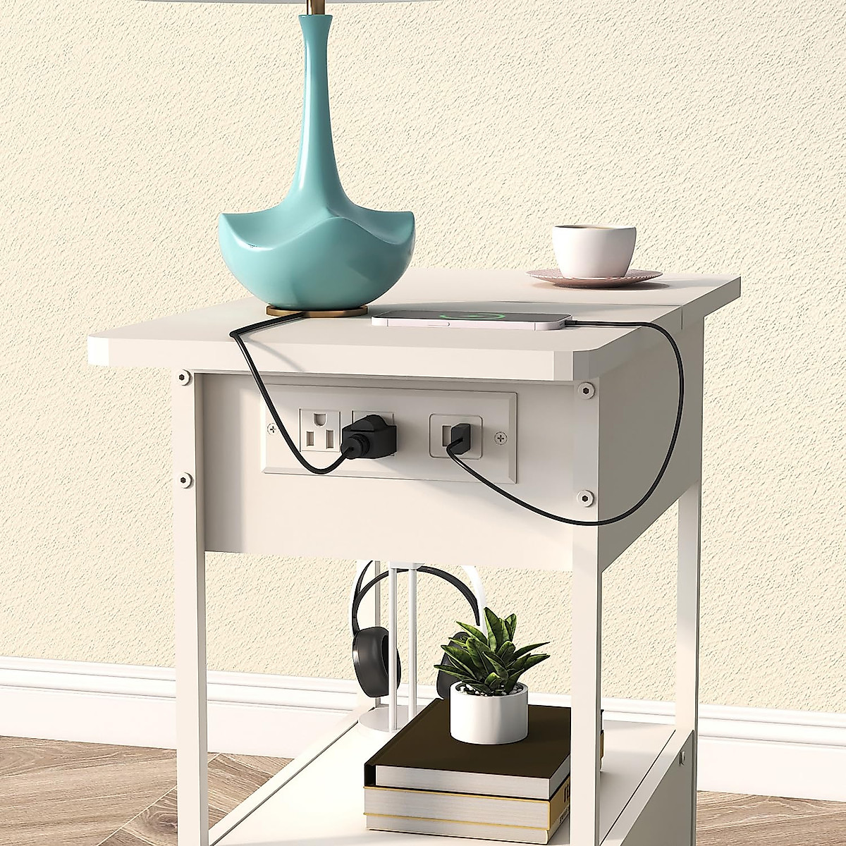 SOOWERY End Table with Charging Station, Narrow Side Table with Flip Top Cabinet and Fabric Drawer, Nightstand Bedside Tables for Small Spaces, Bedroom, Living Room, White