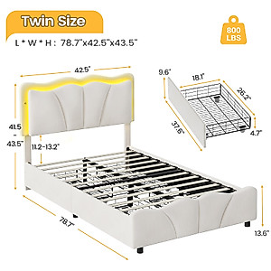 FORABAMB Twin Bed Frame with 4 Drawers, Upholstered LED Bed Frame with Adjustable Flowers Headboard, Platform Bed Frame Twin Size with Wooden Slats Support, No Box Spring Needed, Beige