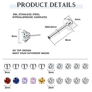FIBO STEEL 16G Threadless Push in Lip Rings for Women Surgical Steel Nose Rings Studs Labret Monroe Tragus Helix Cartilage Earrings Medusa Piercing Jewelry 8mm