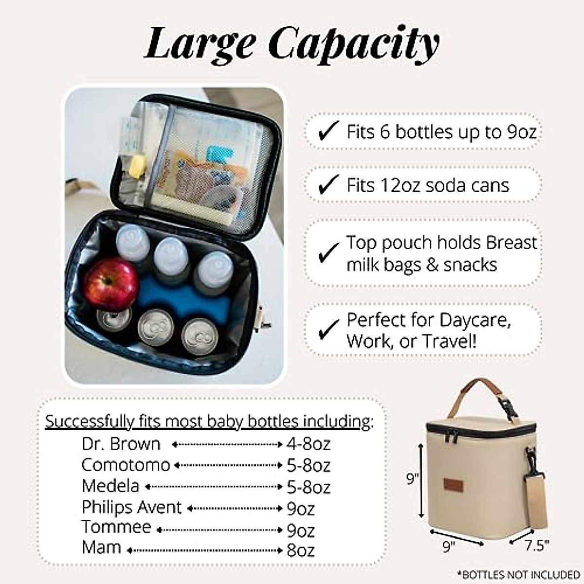 Leo & Livi Breastmilk Cooler Bag with Ice Pack | Leakproof Baby Bottle Cooler Bag with Name Tag for Daycare Holds 6 Bottles up to 9oz | Breast Milk Cooler Travel with Shoulder Strap